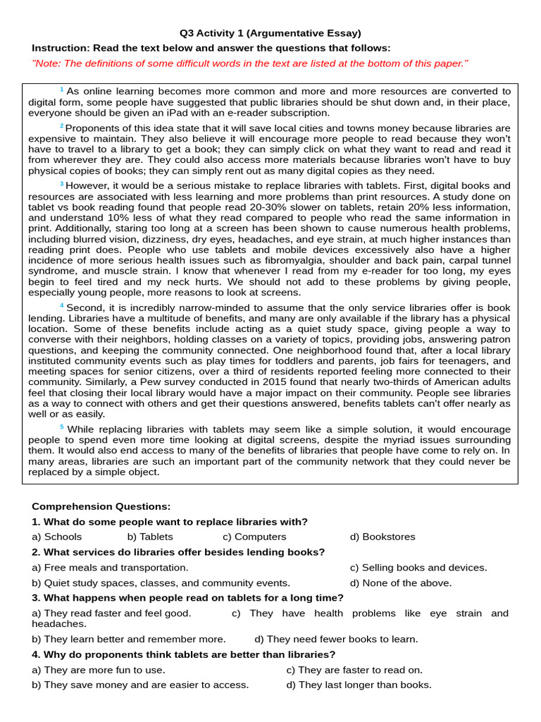 Libraries vs. Tablets: An Argumentative Essay | PDF | Libraries | E Reader