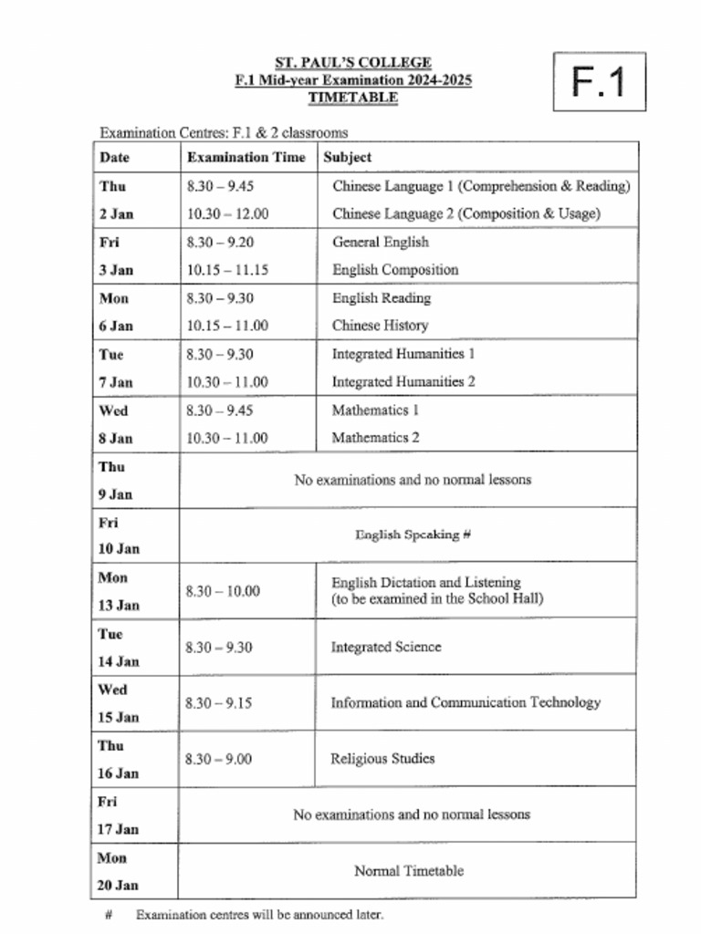 241122 F.1 Mid-year Examination 2024-2025 Timetable | PDF