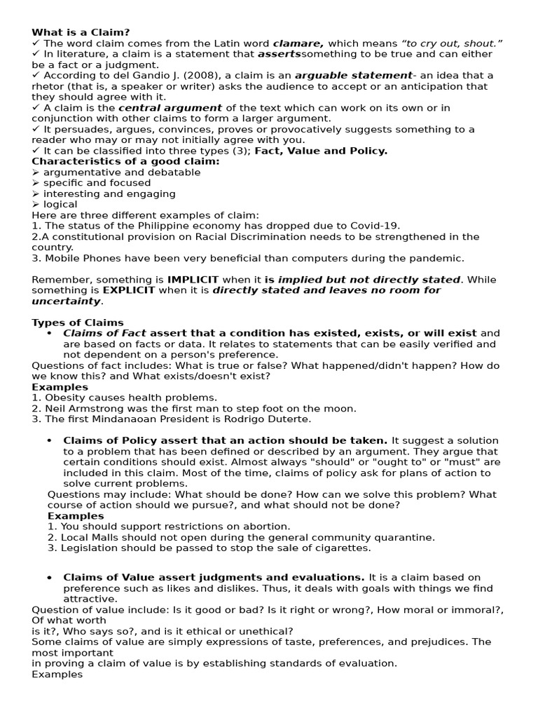 Understanding Claims: Types and Examples | PDF | Argument