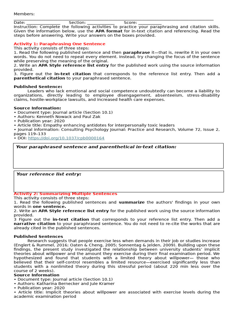 In Text Citation Activity | PDF | Citation | Apa Style