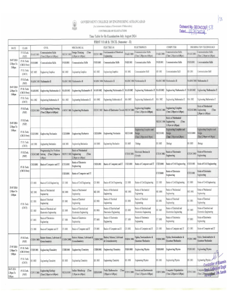 110720243023time Table Re Examination July - August-2024 | PDF