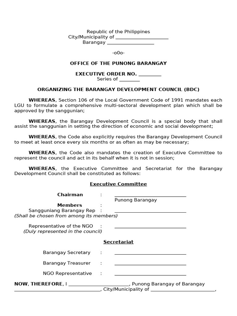 Barangay Development Council and Sectoral Committee Executive Order ...