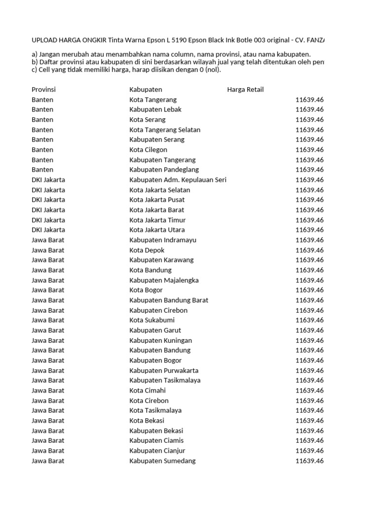 Template Harga Produk Tinta Warna Epson L 5190 Epson Black Ink Botle 003 Original - CV. FANZA ...