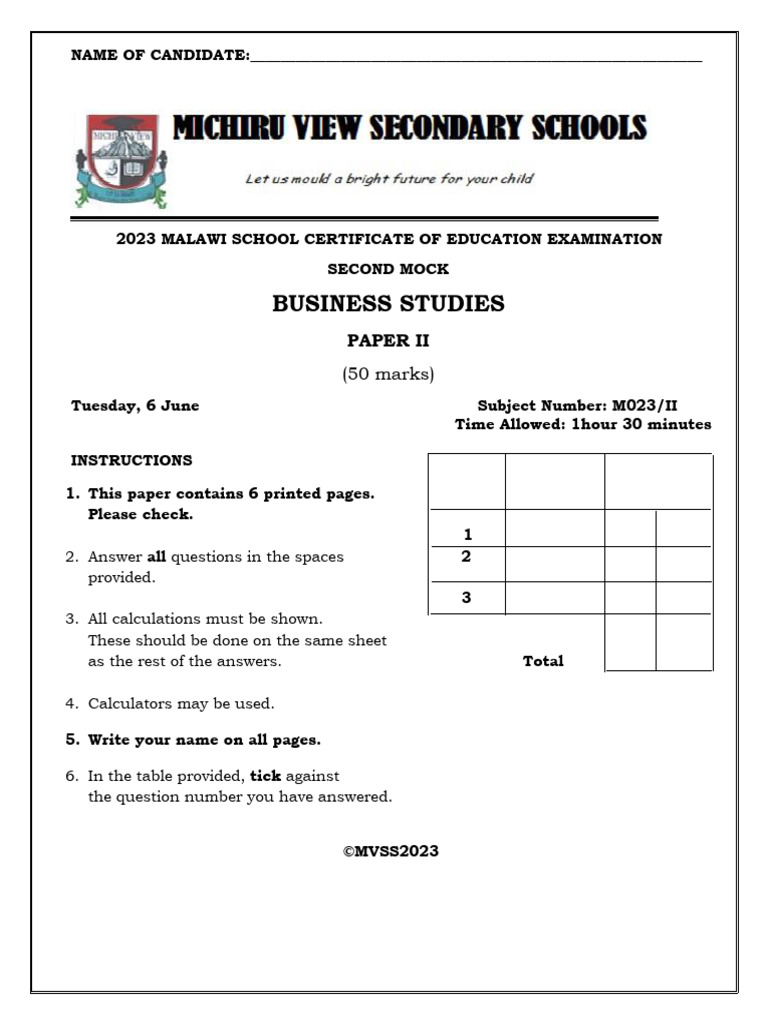 2023 Msce Mock 2 Bus Cover Page p2 | PDF