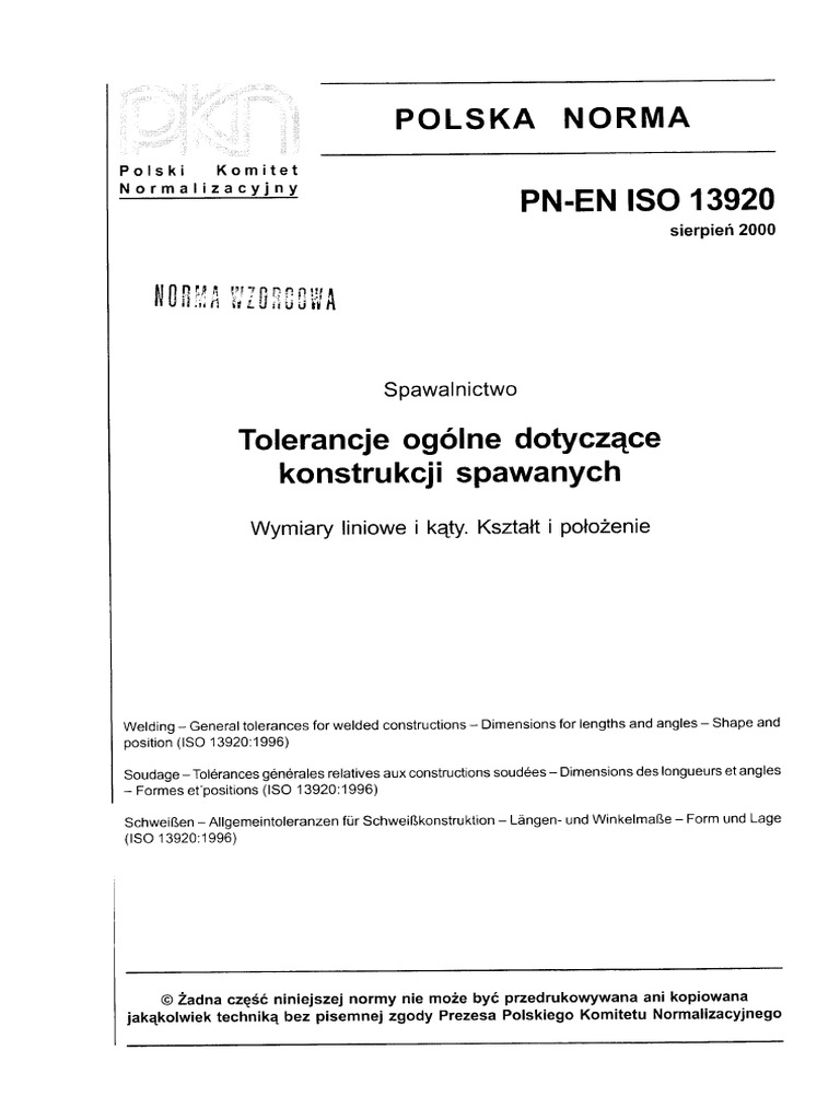 PN-EN ISO 13920 Tolerancje ogólne dotyczące konstrukcji spawanych | PDF