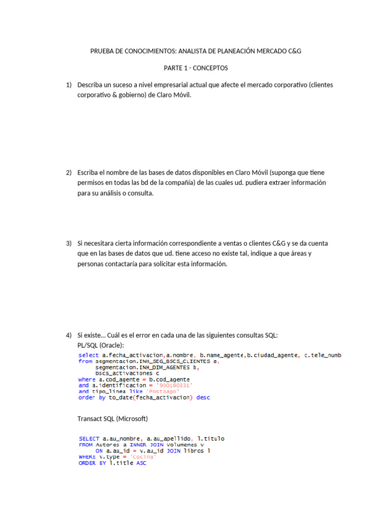 PRUEBA DE CONOCIMIENTOS ANALISTA Datos | PDF | SQL | Bases de datos