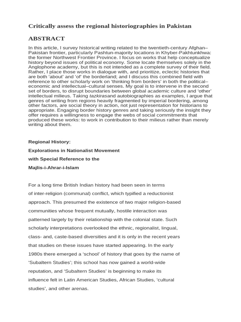 Critically Assess The Regional Historiographies in Pakistan | PDF ...