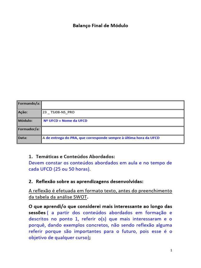 Modelo de Reflexão Final de Módulo | PDF | Reflexão (Física) | Análise SWOT