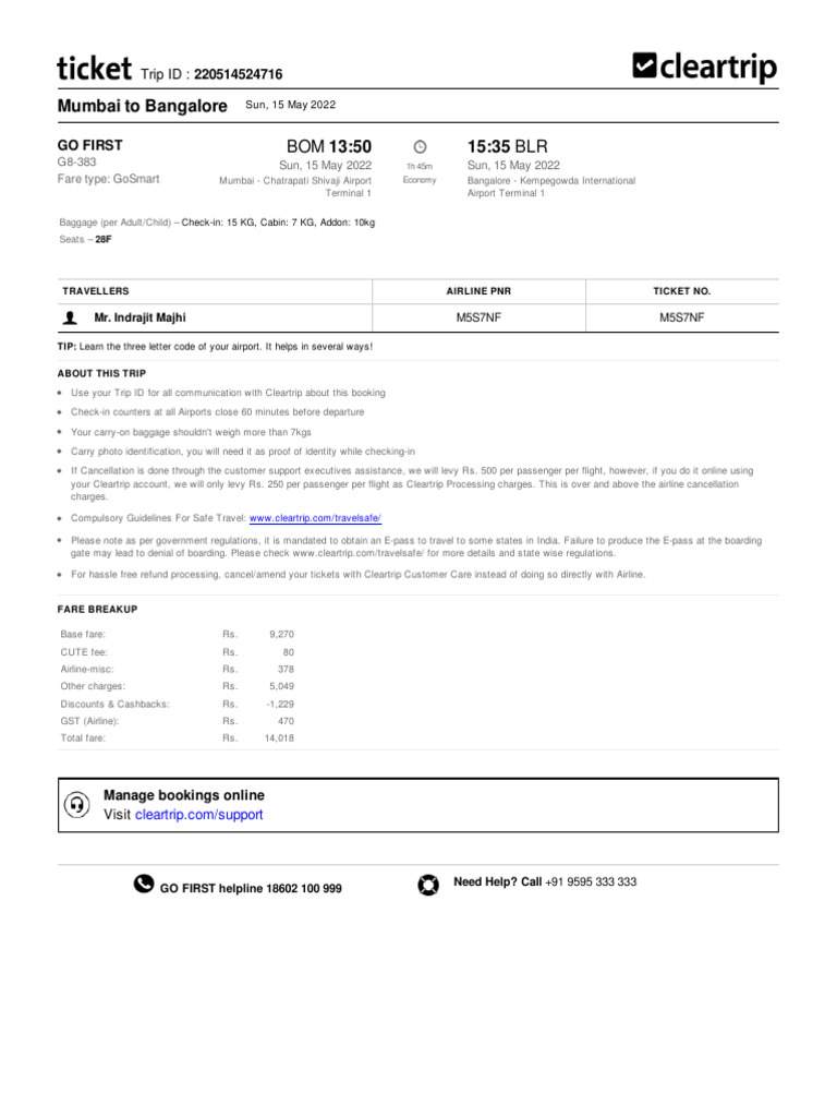 Cleartrip Flight Domestic E-Ticket | PDF | Airport | Transport