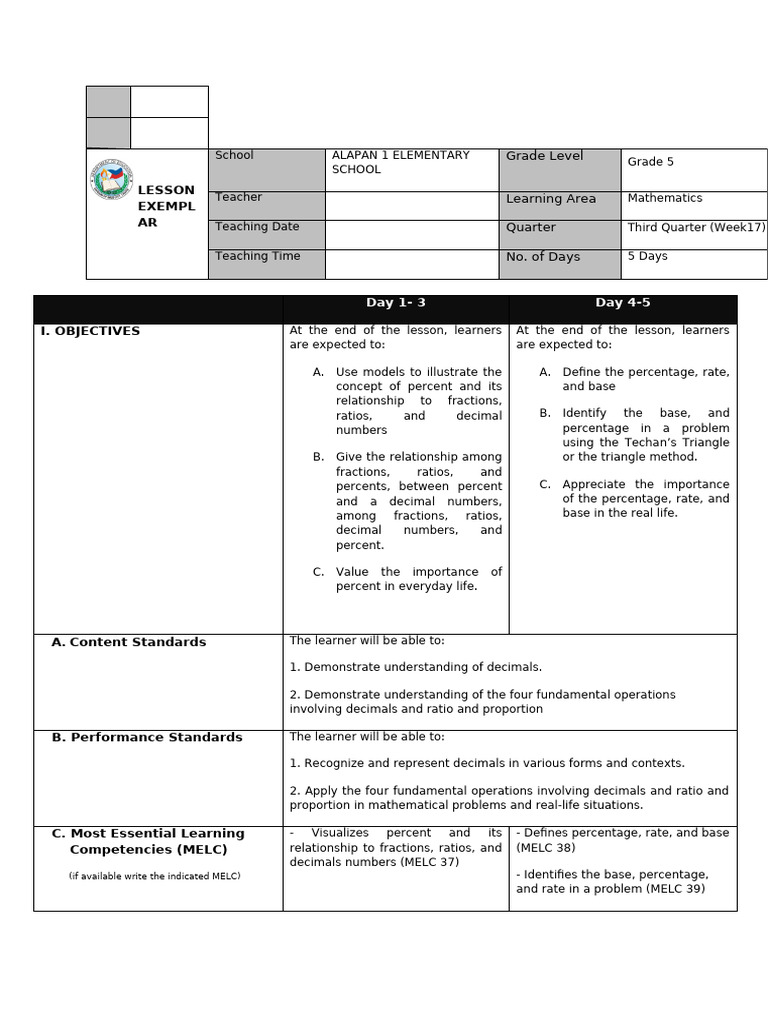 Math Grade5 IDEA LE Q3 Week1 MELC37-39 v.1 | PDF | Percentage | Ratio