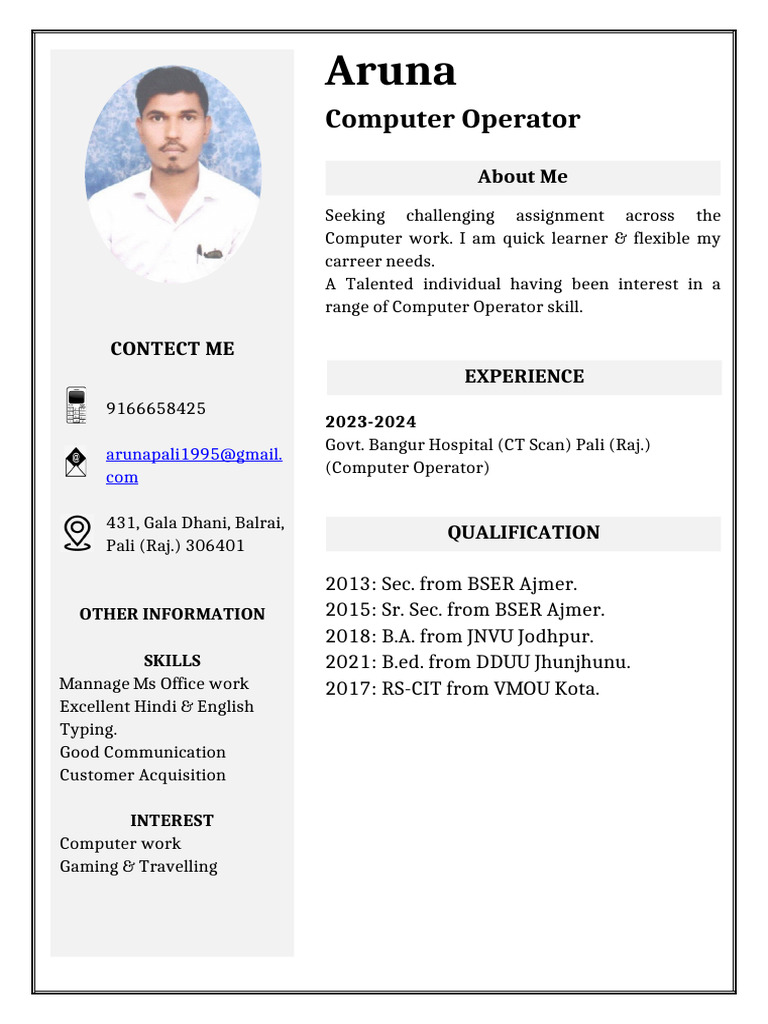 Aruna Photo Resume | PDF