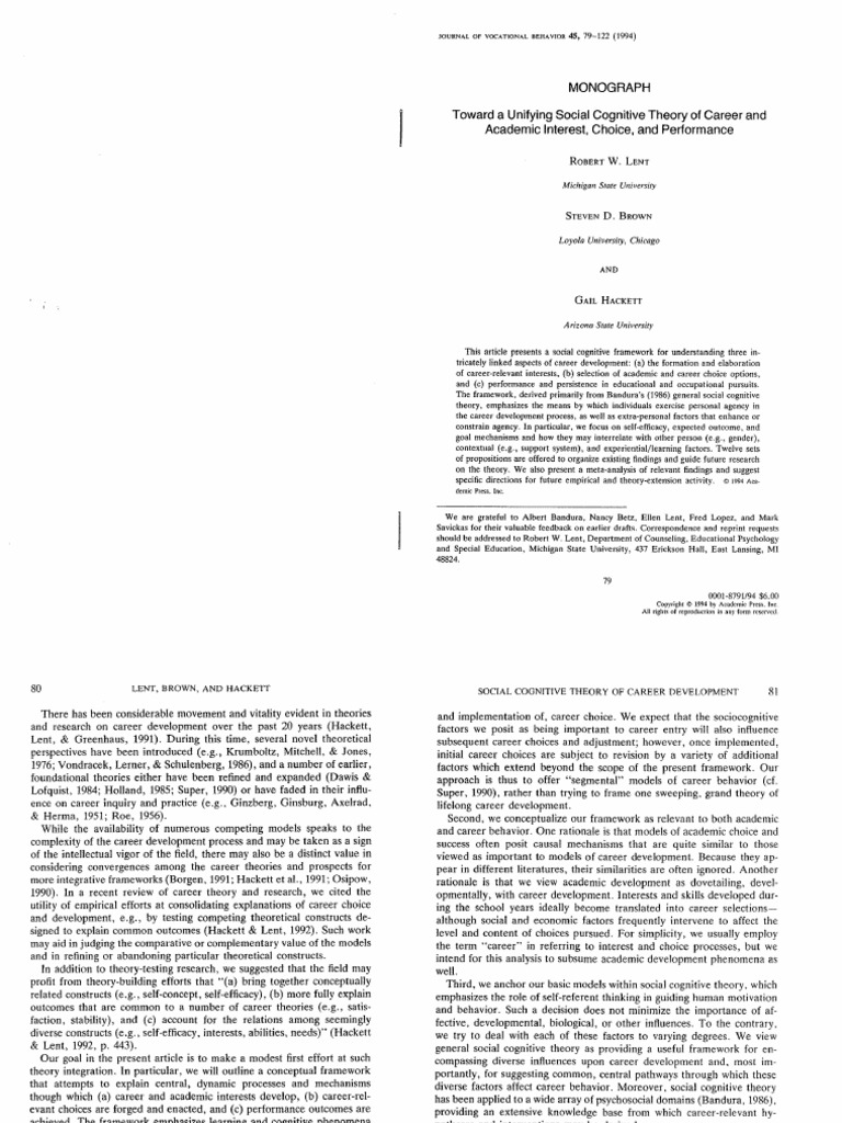 Toward A Unifying Social Cognitive Theory of Career and Academic Interest, Choice, and ...