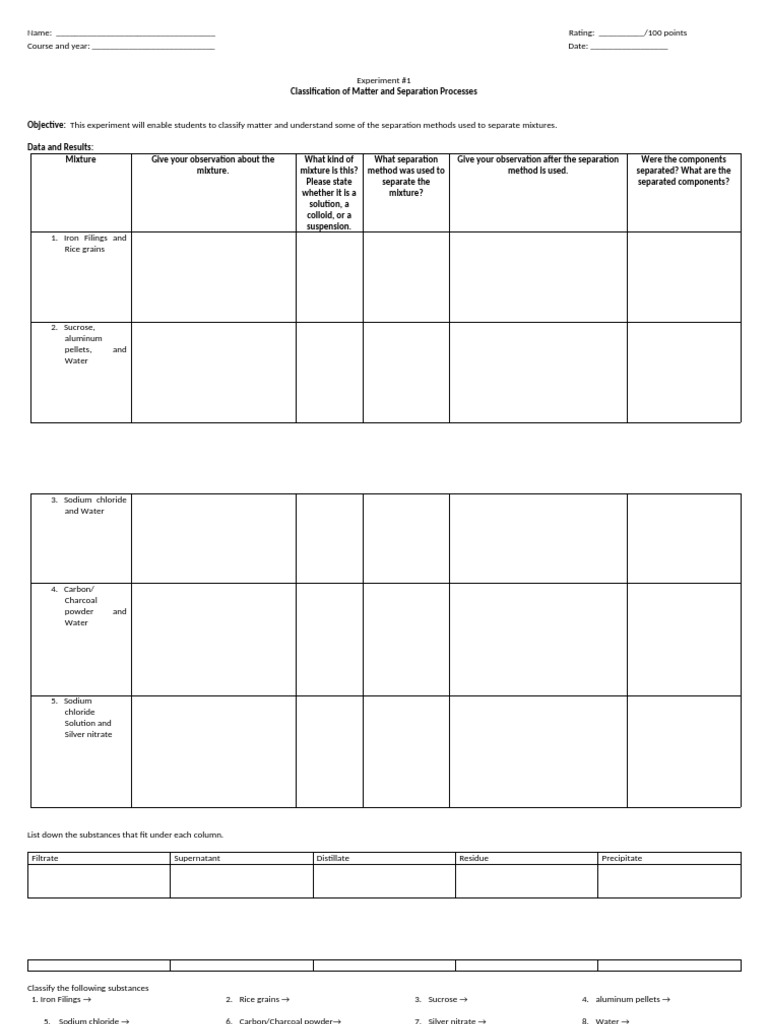 Experiment #1 Classification of Matter and Separation Processes | PDF | Precipitation (Chemistry ...