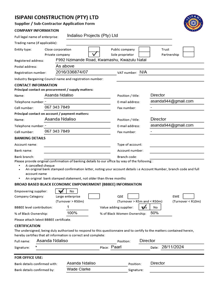 Isipani Subcontractor Application Form | PDF | Banks | Business