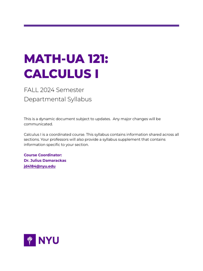 MATH-UA 121 - CALCULUS I - Departmental Syllabus | PDF | Homework | Calculus
