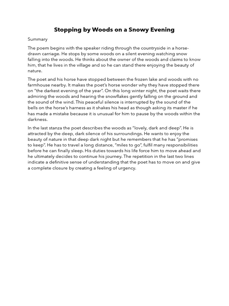 Stopping by Woods On A Snowy Evening - Summary | PDF