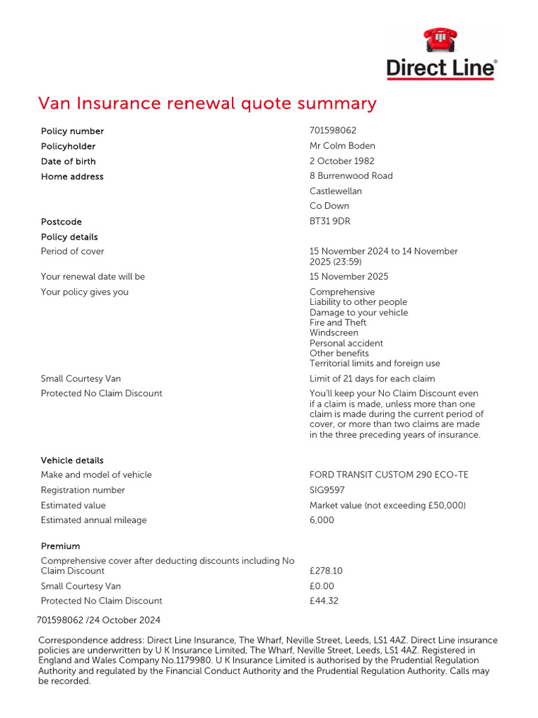 Van Insurance Renewal Quote Summary | PDF | Insurance | Financial Services