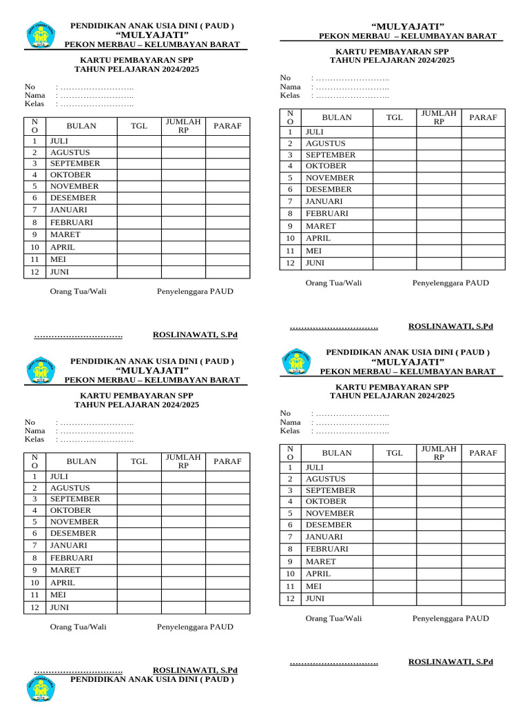 Kartu SPP Paud Mulyajati | PDF
