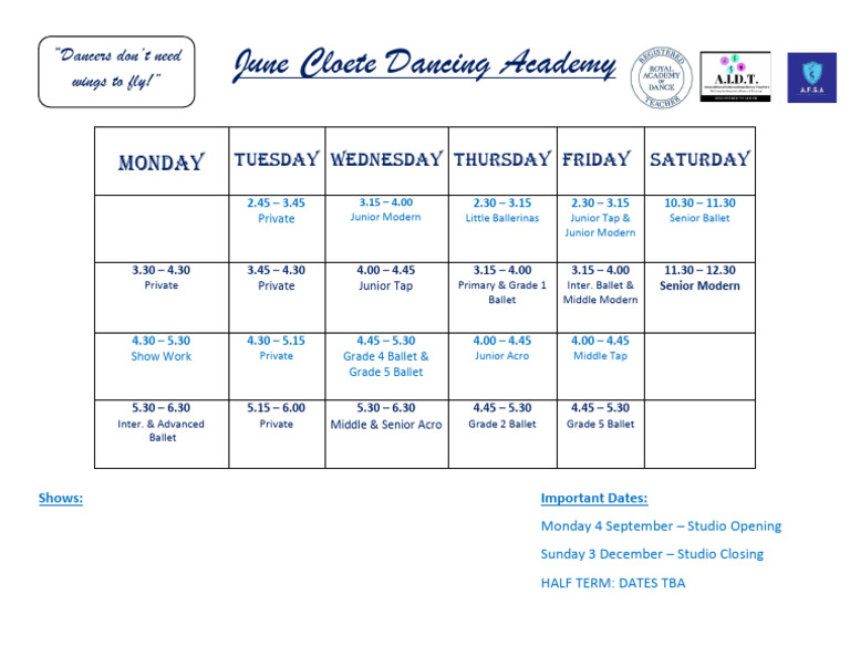 JCDA Timetable Term 3 2023 | PDF