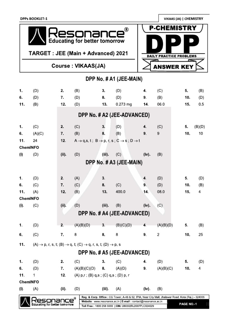 DPP Module 1 (A1-A10) P - I Chemistry Answer Key | PDF