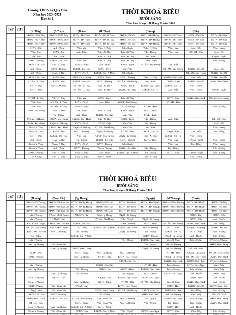 TKB THỰC HIỆN TỪ 9 - 12 - 2024 | PDF