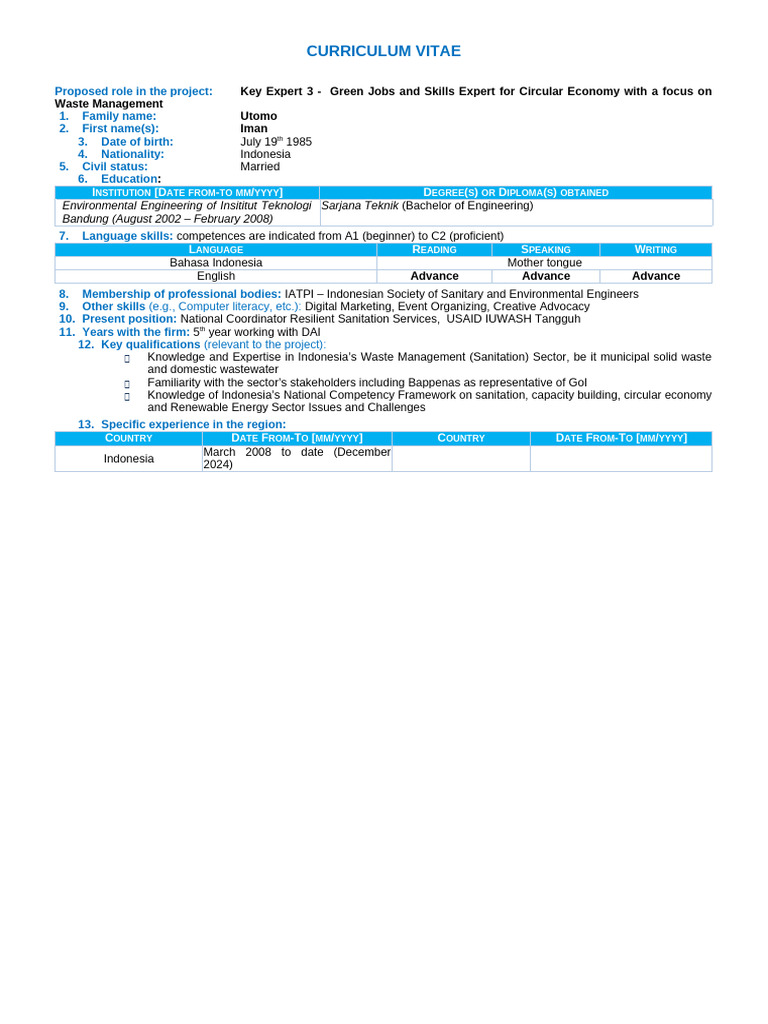 EuropeAid CV with styles_IBF v.EN | PDF | Sanitation | Wash