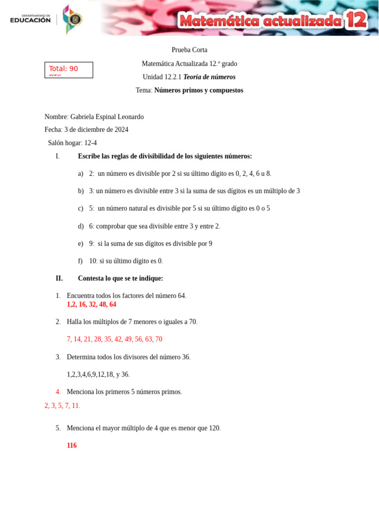 Prueba Teoría de Números | PDF | Número primo | Teoría de los números