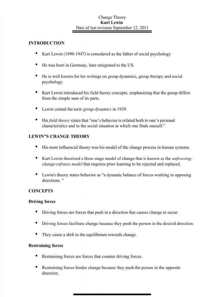 Kurt Lewins Change Theory | PDF