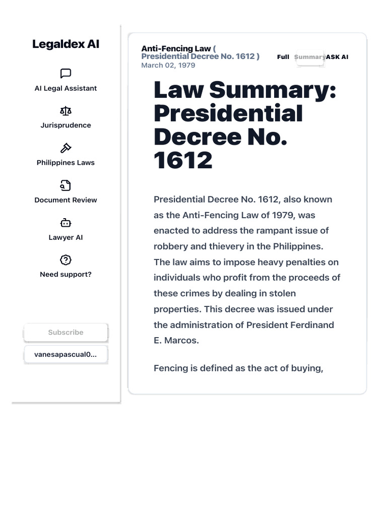 Summary: Presidential Decree No. 1612 Anti-Fencing Law | PDF