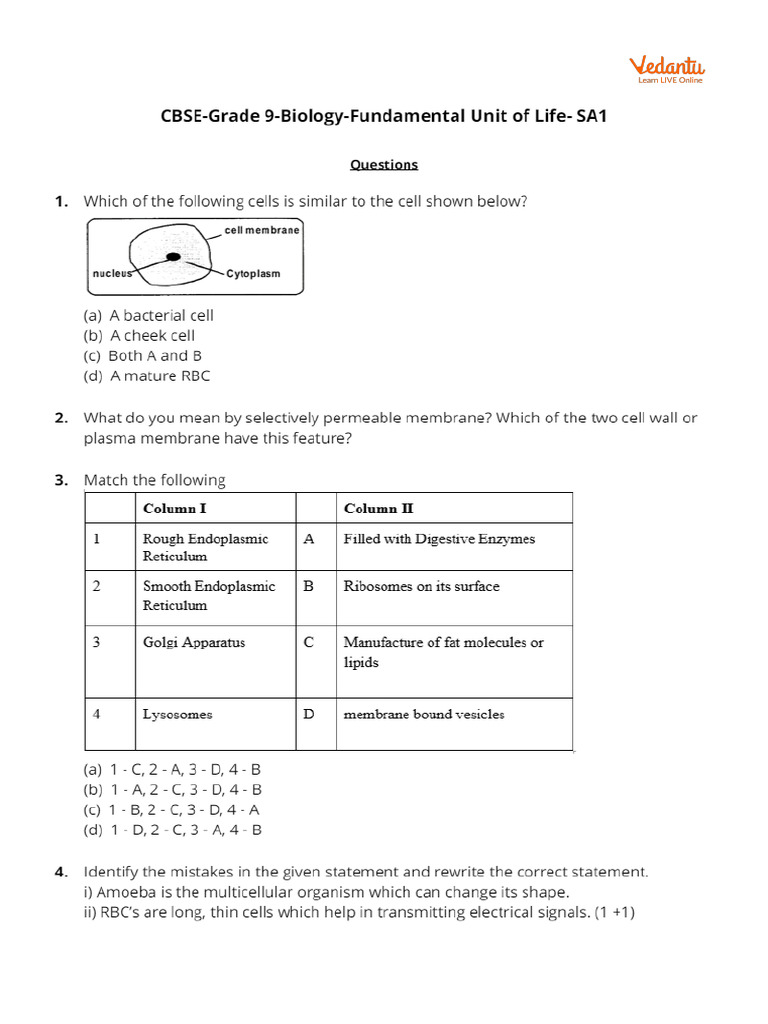 CBSE-Grade 9-Biology-Fundamental Unit of Life- SA1 | PDF