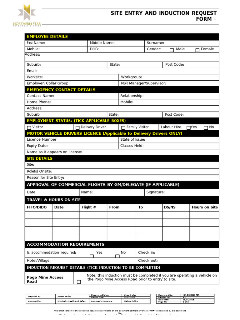 NSR-OHS-022B-For - Site Entry and Induction Request Form Visitor | PDF