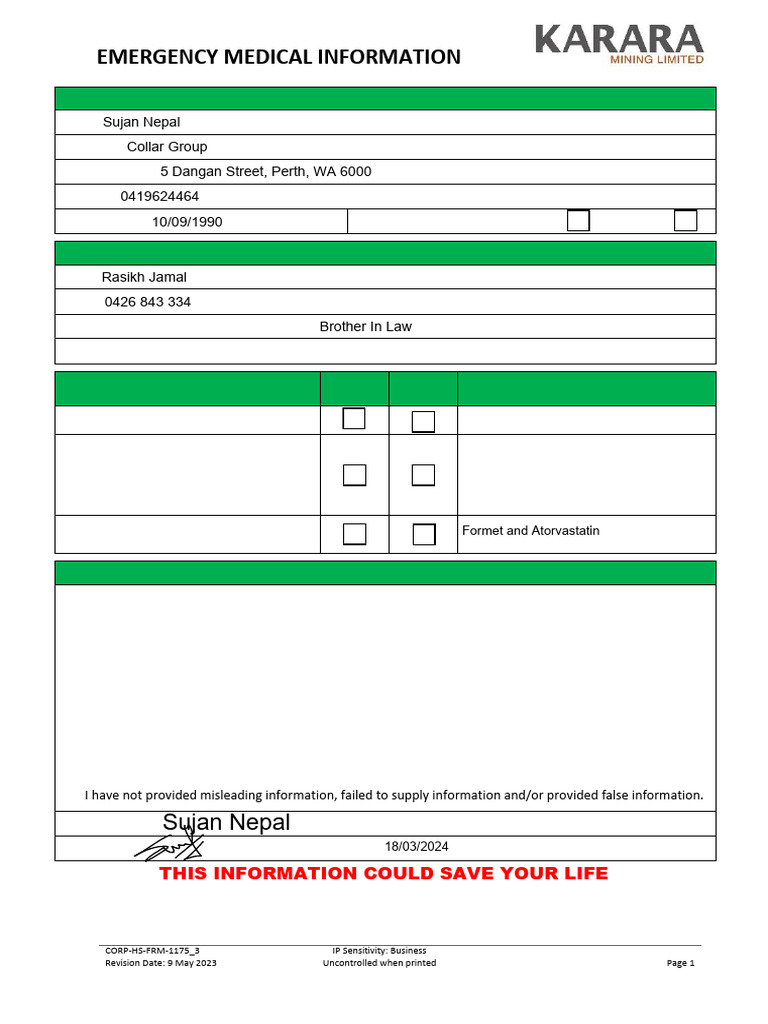 Emergency Medical Information Form | PDF | Health Care | Medical ...