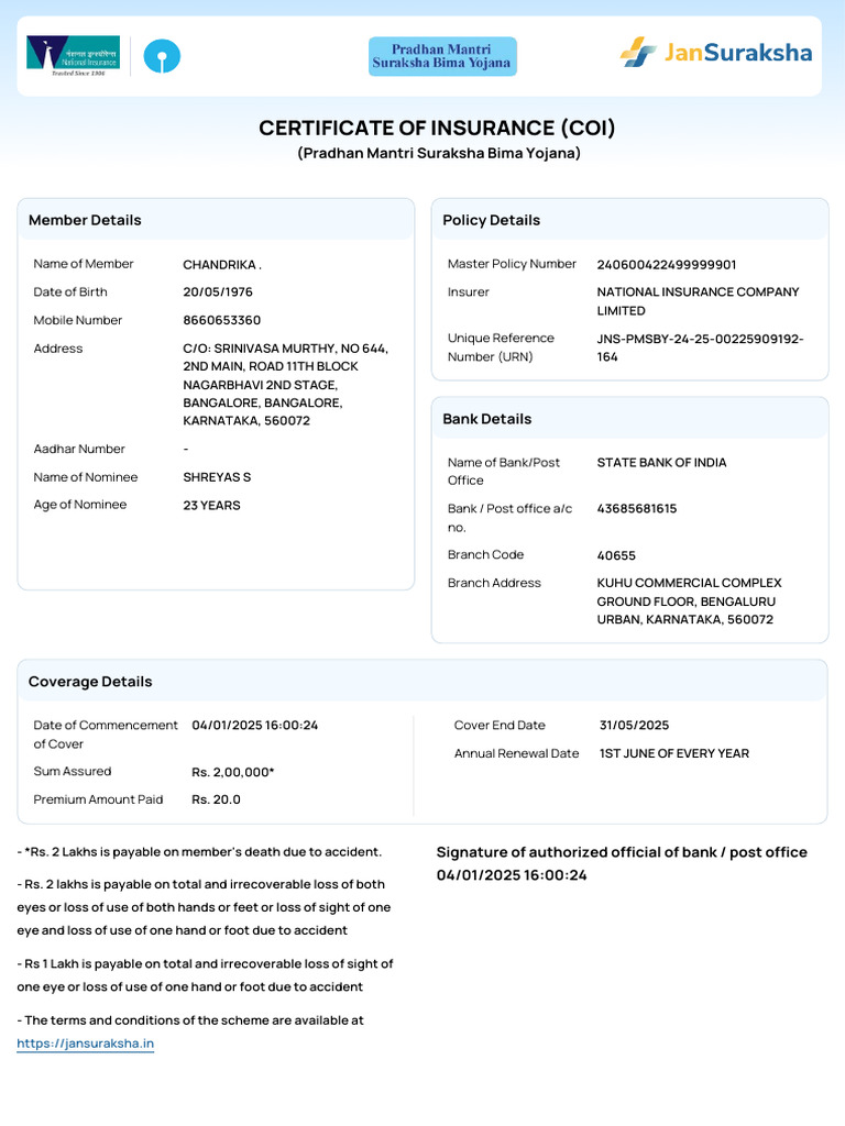 JNS-PMSBY Insurance Certificate 2024-25 | PDF | Financial Risk ...