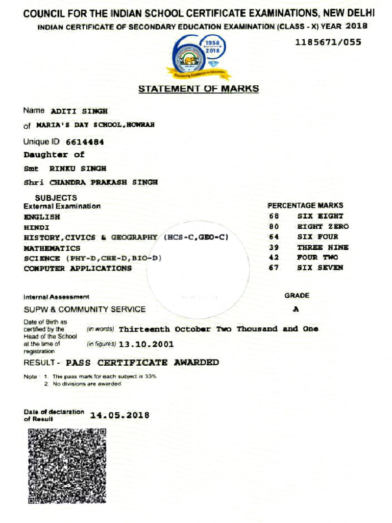 ICSE Class X 2018 Marks Statement | PDF