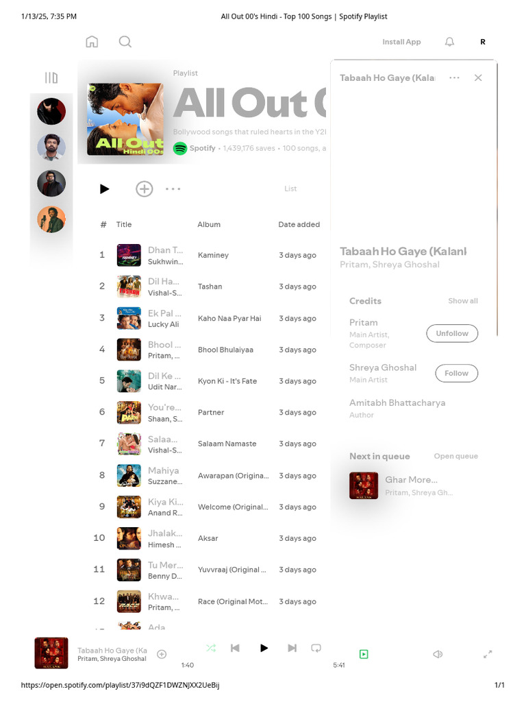 All Out 00's Hindi - Top 100 Songs - Spotify Playlist | PDF | Cinema Of ...