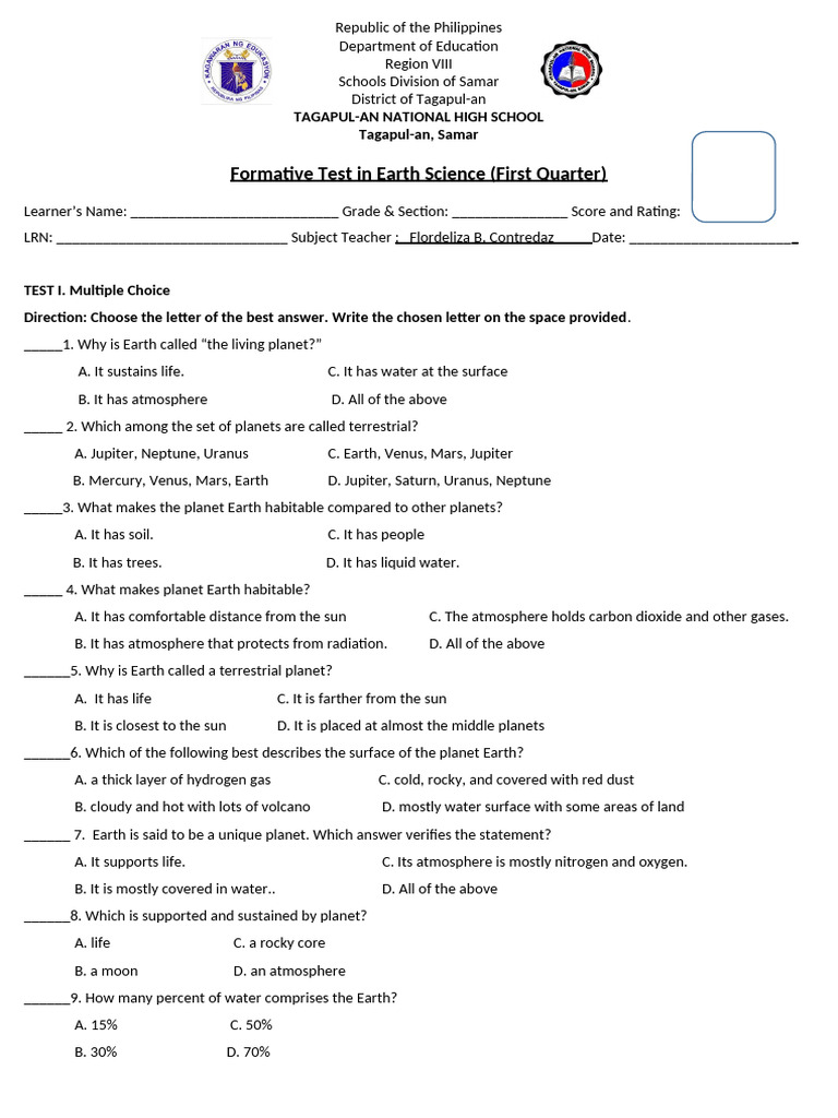 Formative Test. Earth and Science 11 | PDF | Rock (Geology) | Planets
