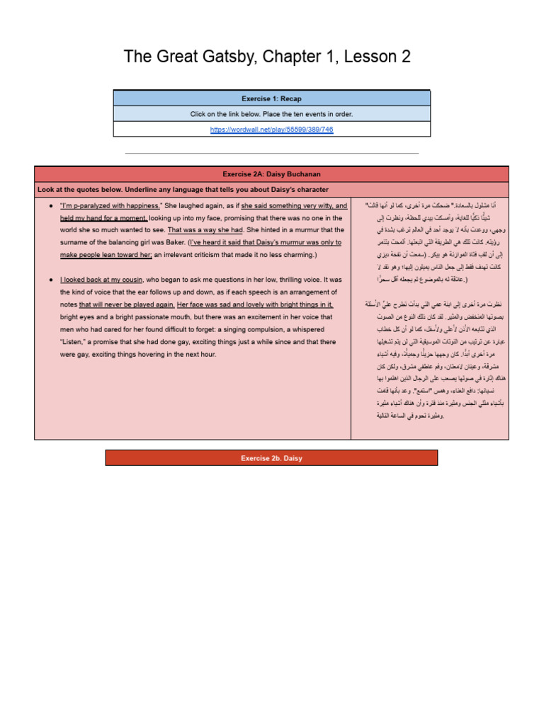 The Great Gatsby, Chapter 1, Lesson 2: Exercise 1: Recap | PDF