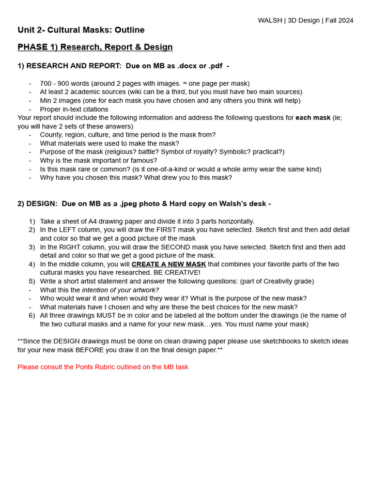 3D Design Unit 2 Cultrual Masks Project Outline FALL24 | PDF