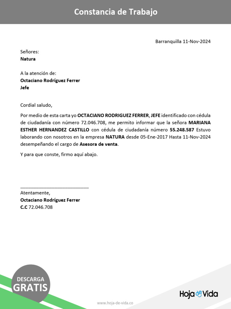 Constancia de Trabajo para Mariana Hernández | PDF