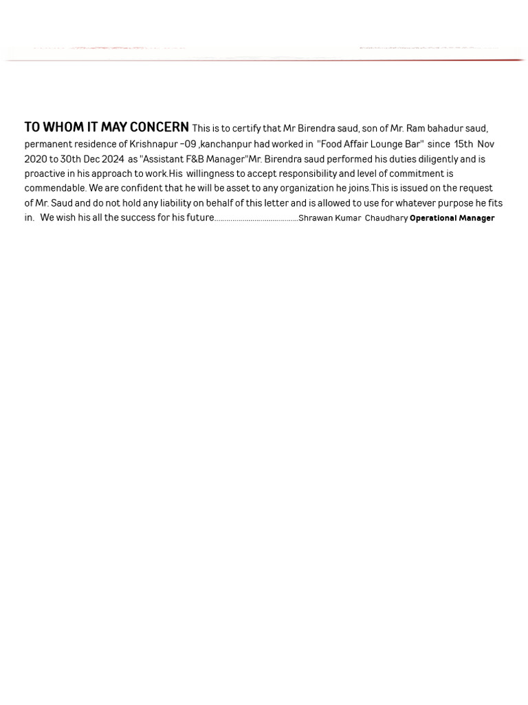 Employment Certification for Birendra Saud | PDF