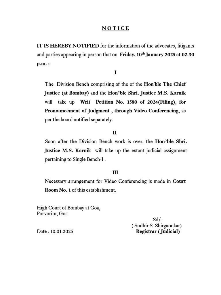 Notice of VC of The Hon'ble The Chief Justice (At Bombay) and The Hon'ble Shri. Justice M.S ...