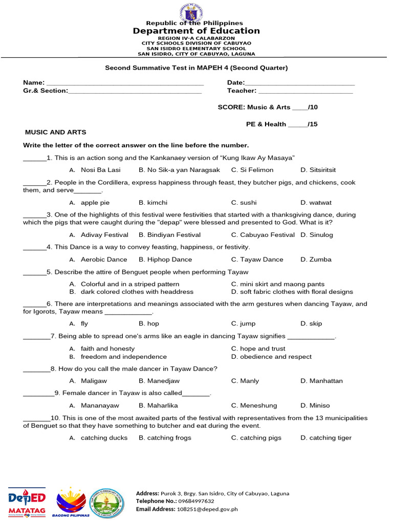 2ND Summative in MAPEH TEST Q2 | PDF | Infection | Non Communicable Disease