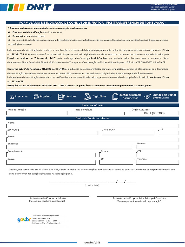 Formulário de Indicação de Condutor Infrator | PDF