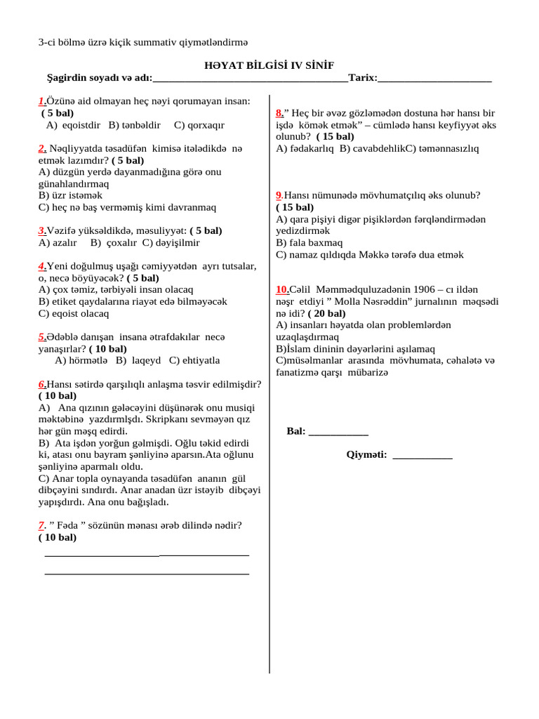 Həyat Bi̇lgi̇si̇ IV Si̇ni̇f Ksq-3 (Mutellim) (1) | PDF
