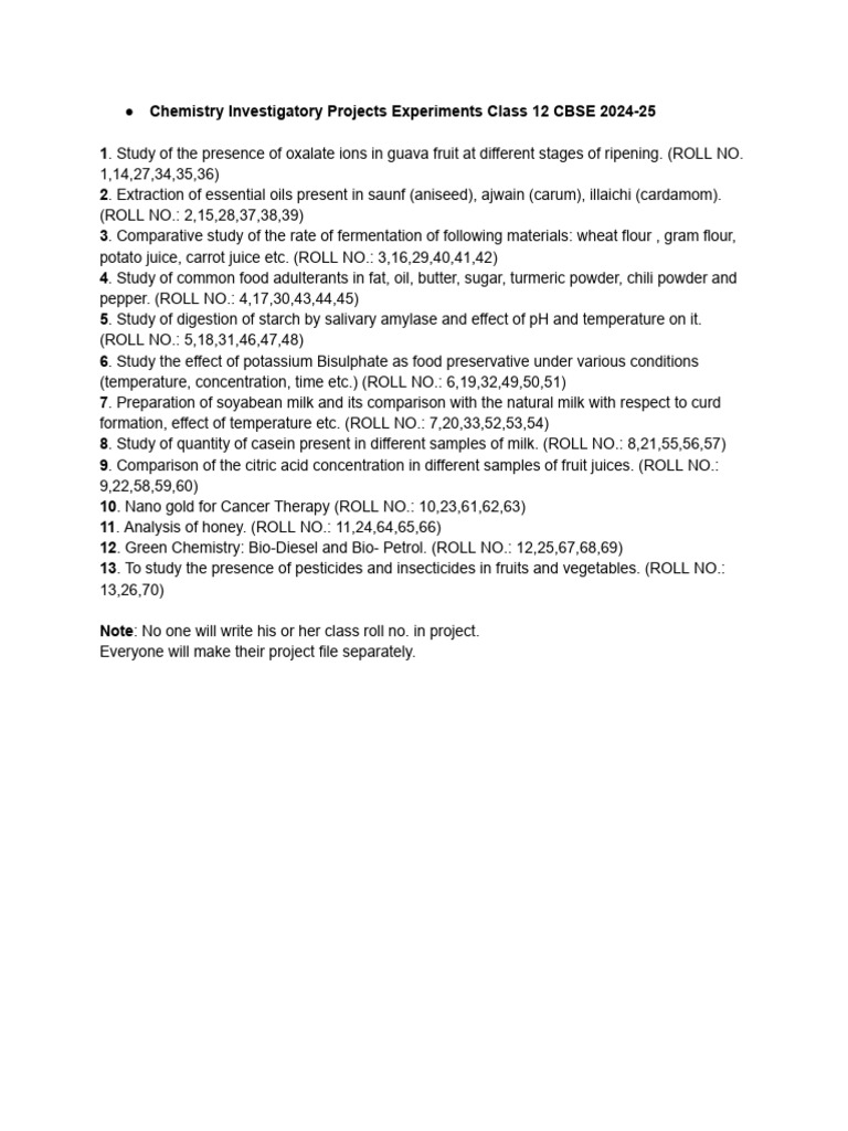 Chemistry Investigatory Projects Experiments Class 12 CBSE 2024-25 | PDF