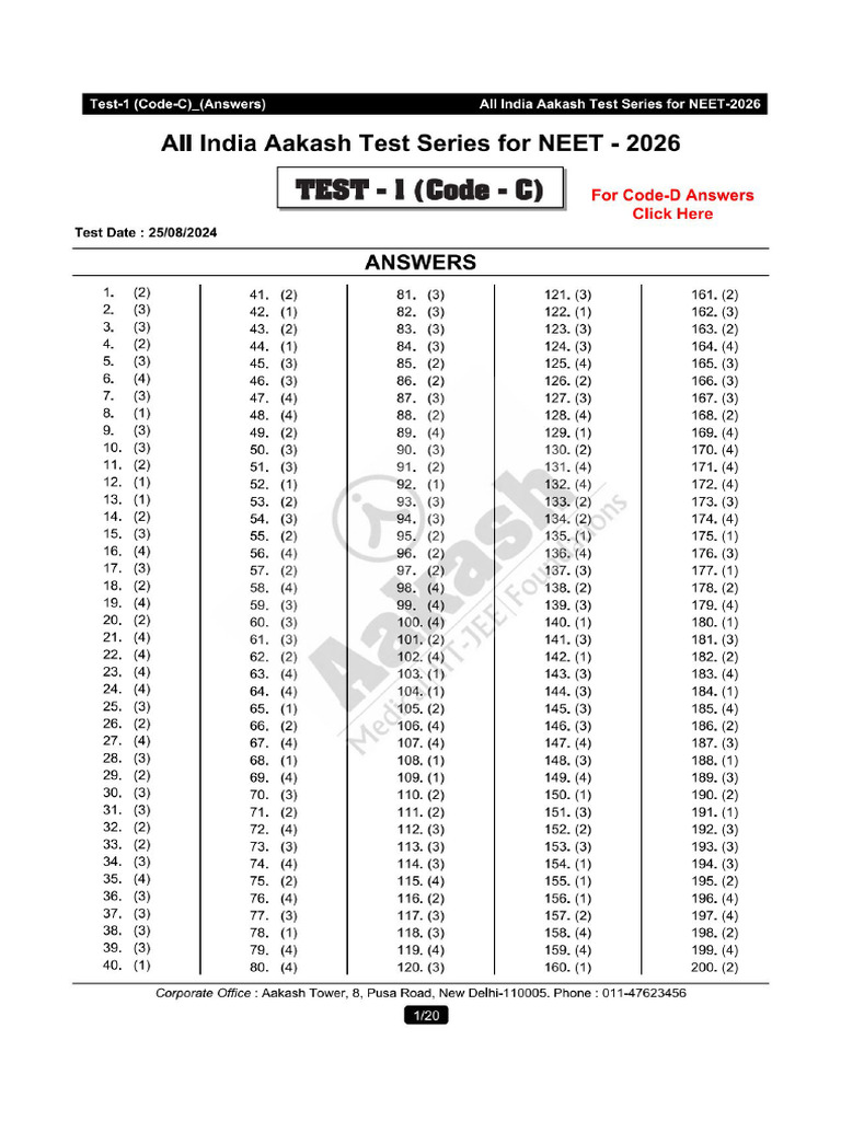 AIATS-2026 (TYM-P1&2) - Test-1 Code-C&D - (25-08-2024) - Solution | PDF