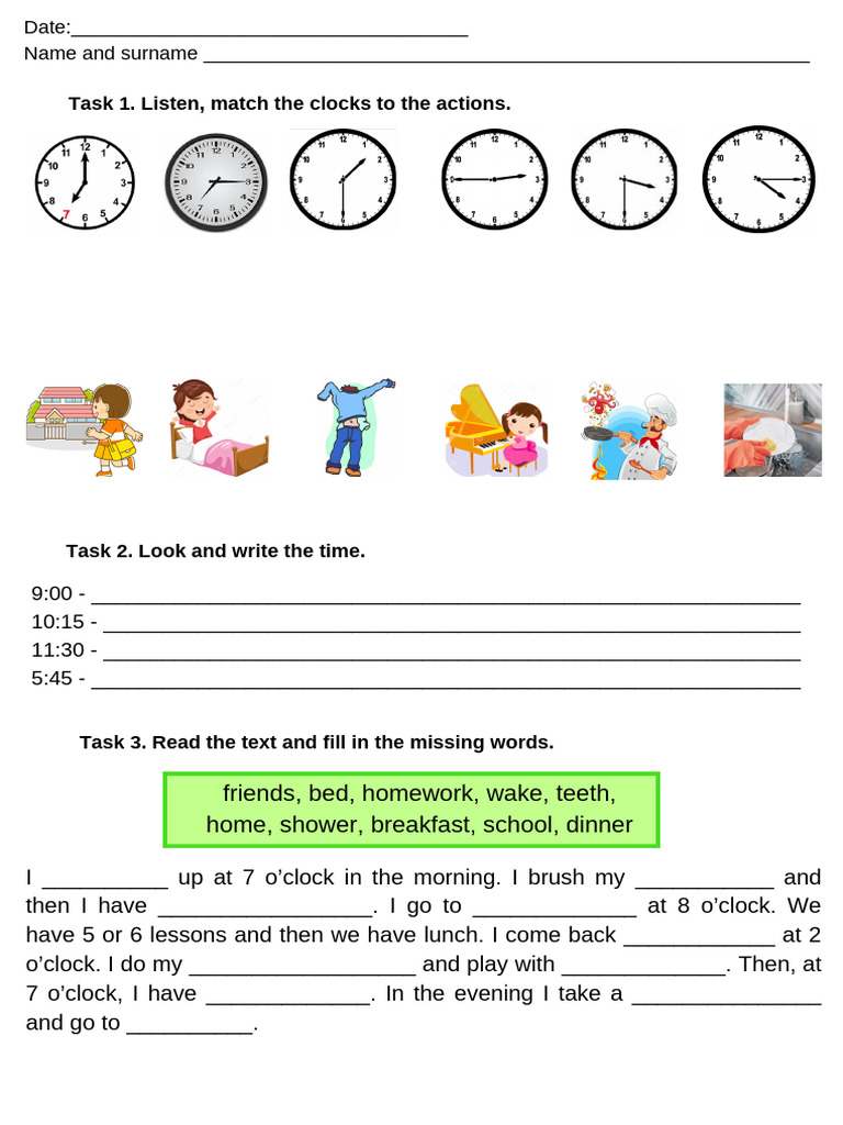 Time and Daily Routine Worksheet | PDF