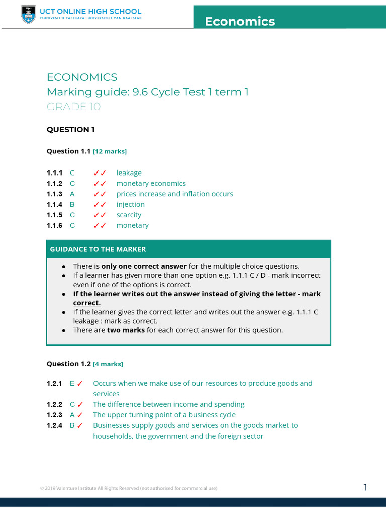 Marking Guideline G10 Economics T1 | PDF | Economics | Consumption ...