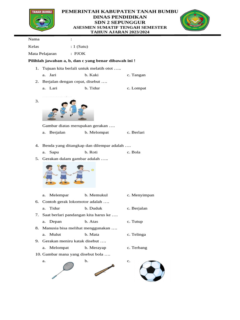 Soal PTS Kelas 1 PJOK | PDF
