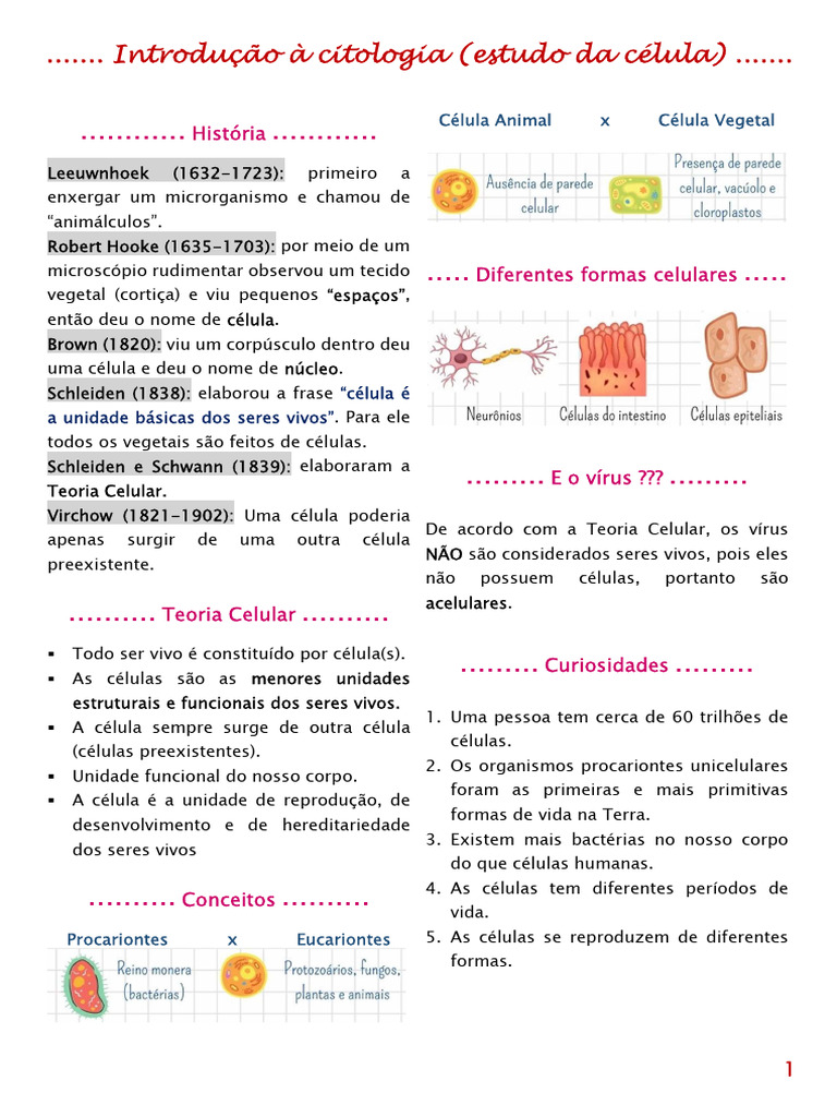 Introdução À Citologia - Estudo Da Célula - Processos Biológicos | PDF ...